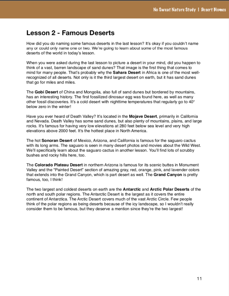 No Sweat Nature Study: Desert Biomes Science Curriculum