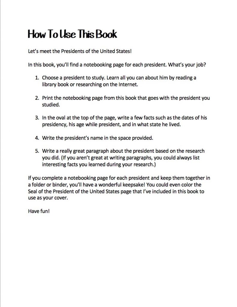 Meet the Presidents Notebooking Pages